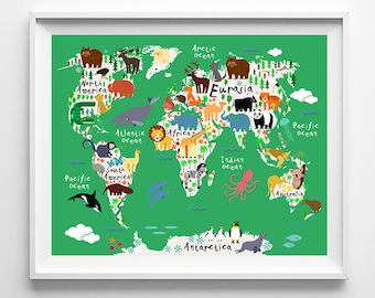 Animal Map Poster World Map Art Animal World Print Animal
