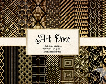 ART DECO Digital Paper: Black & White Gold Art Deco Great