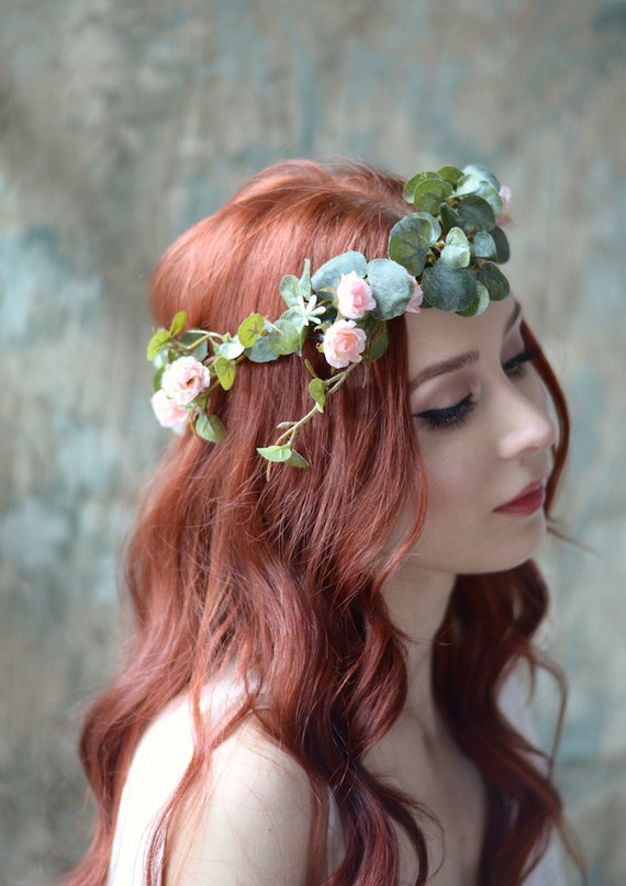 Boho flower crown eucalyptus crown blush pink floral crown