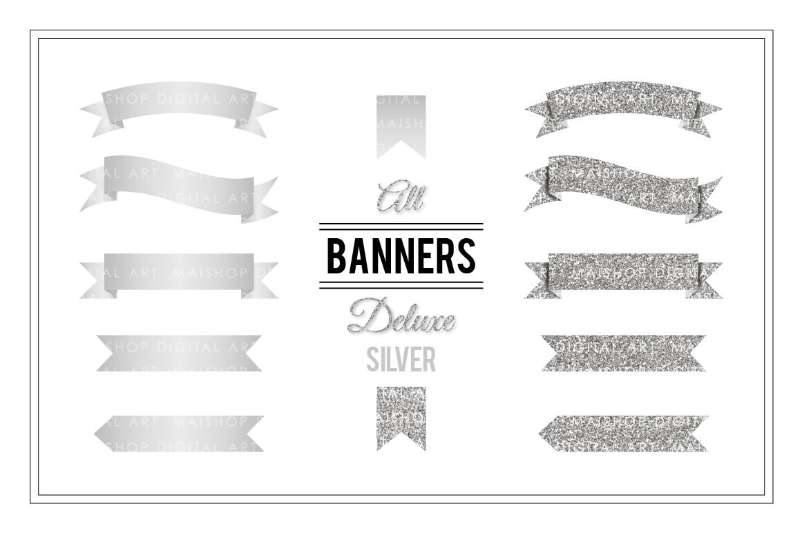 Banner Clip Art Silver Glitter PNG Banners Digital Download