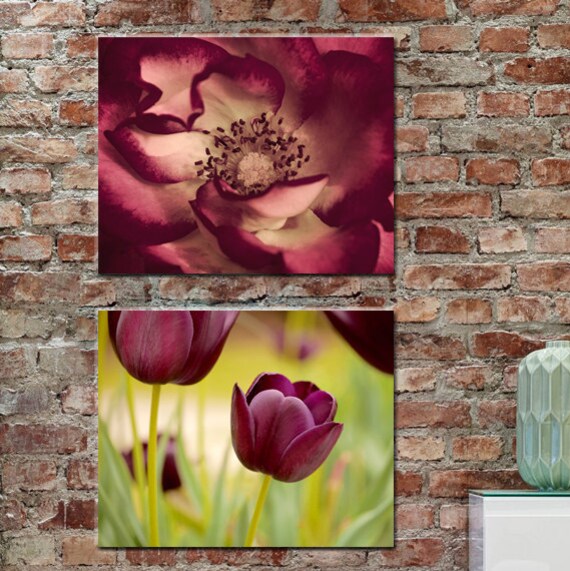 Floral canvas wall art set burgundy artwork wall decor flower