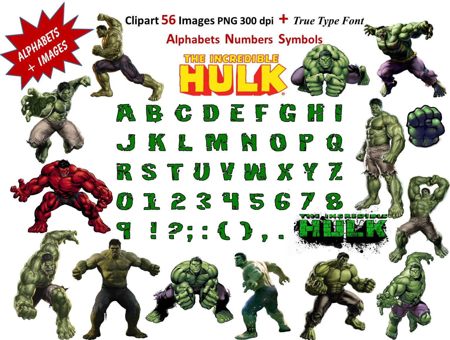 Increíble Hulk abecedario completo y 56 imágenes prediseñadas