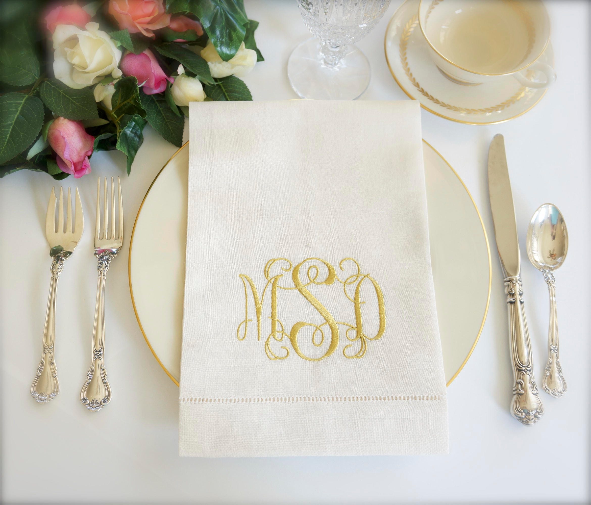 Center Edge Placement Scroll II Monogram Embroidered Dinner Napkins ...