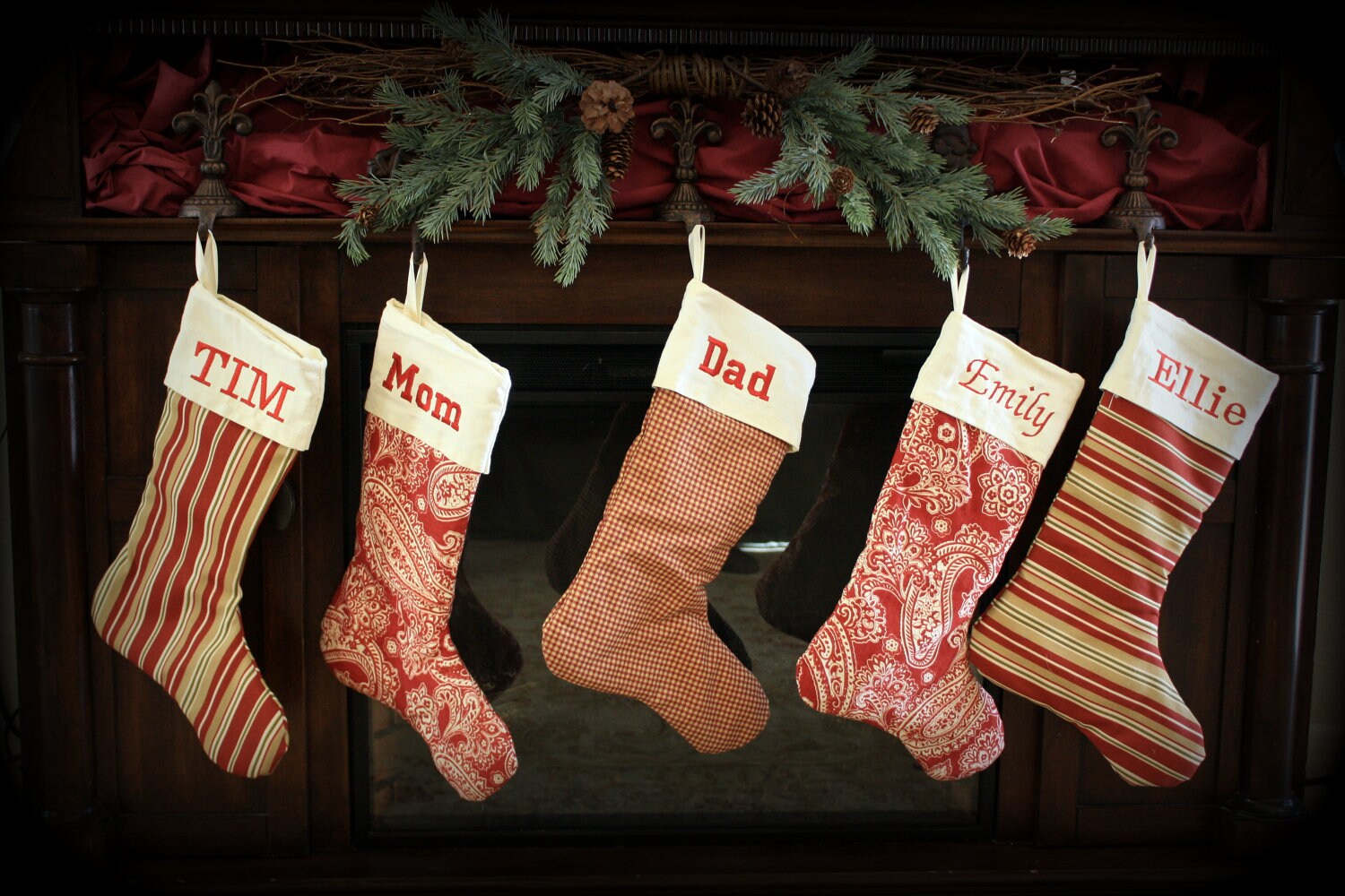 Set of 5 Red Monogrammed Christmas Stockings 21 inch