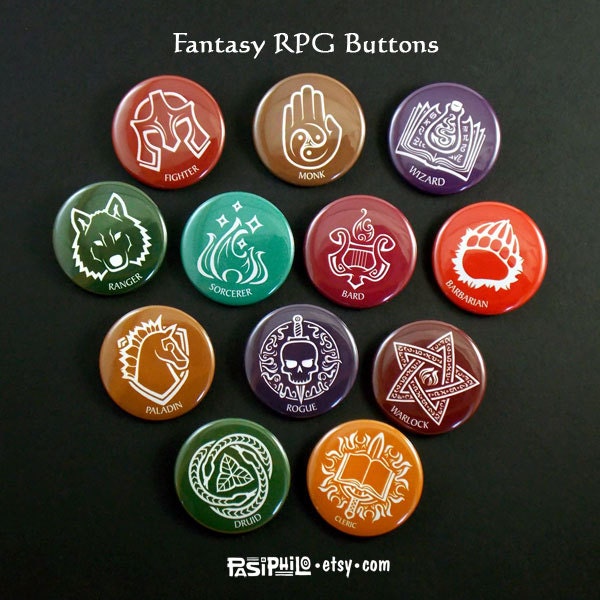 Set of 12 Fantasy Roleplaying RPG Class Symbol Buttons White