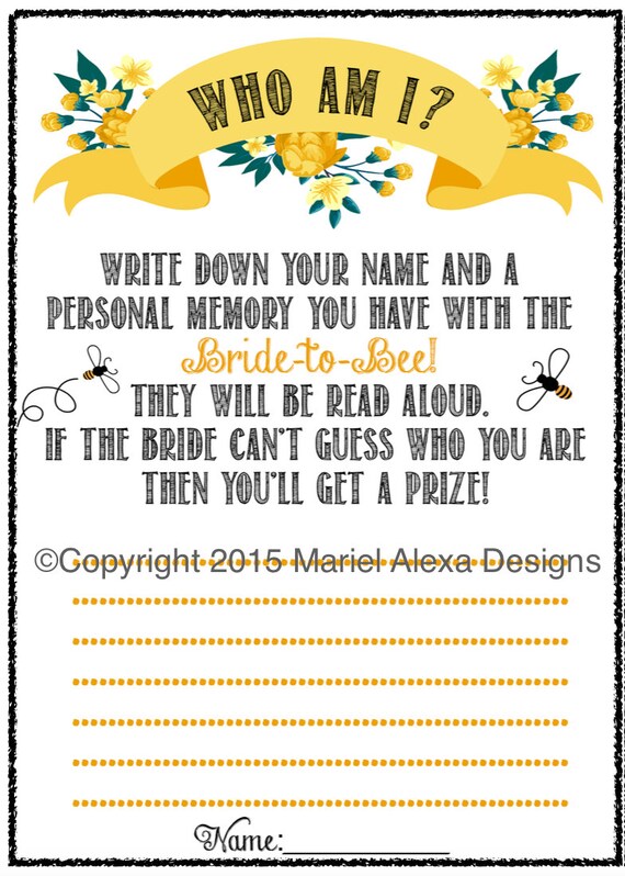 Bridal Shower Game Who Am I Memory Game Bride to Bee Fun