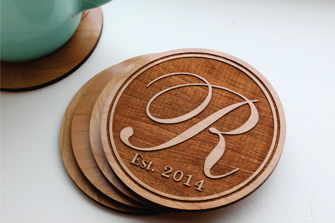 Personalized Monogram Coaster Set of 4 Custom Engraved Cherry