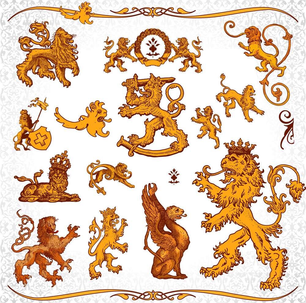 Vintage Heraldry Elements. Heraldic Beasts Lions Collection.