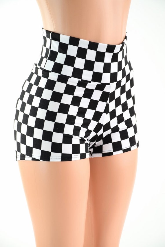 Black & White Checkered High Waist Shorts Festival Rave Hoop
