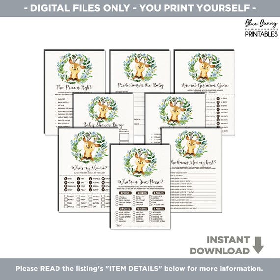 Deer Baby Shower GAMES PACKAGE. 8x Floral Baby Deer Printable