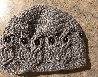 Hand Knit Adult Owl Hat or Neck Warmer-Grey Knitting Hat or