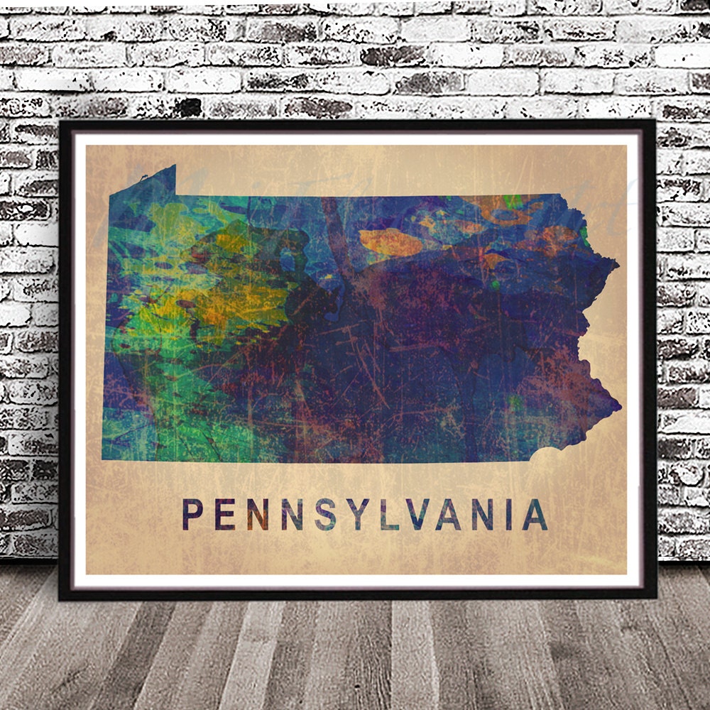 Vintage Pennsylvania state PRINT watercolor map painting PA
