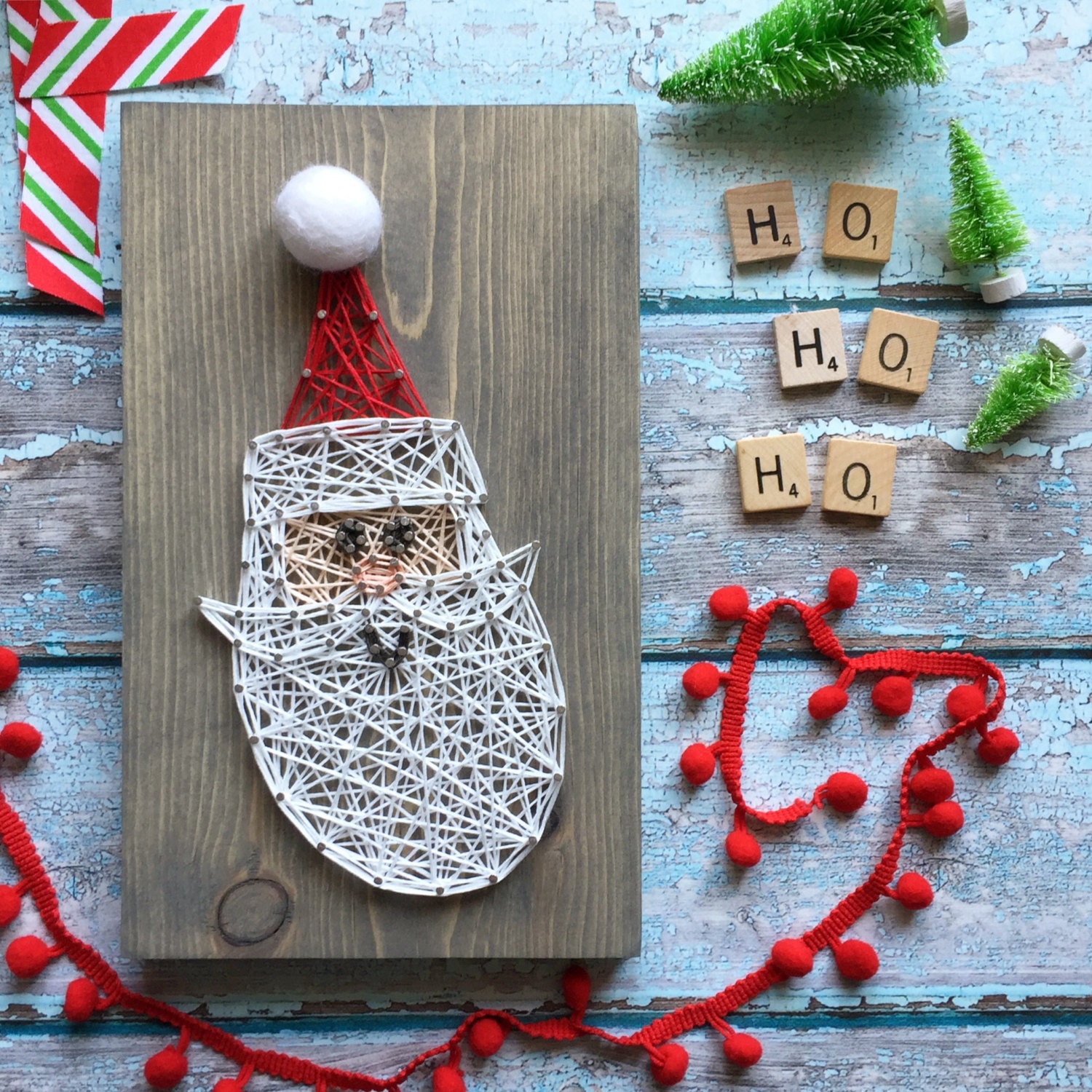 MADE TO ORDER String Art Santa Sign with Felt Pom Hat