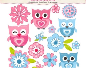 Blue Owls Clipart with Baby Wording. Cute Baby owls new baby