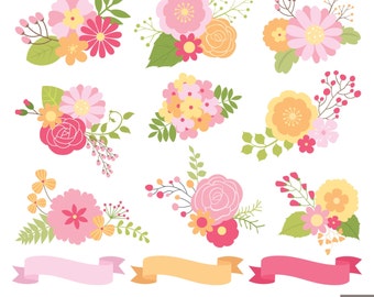 Hand Drawn Flower Bunches Clip Art. Vector Flower Clip Art.