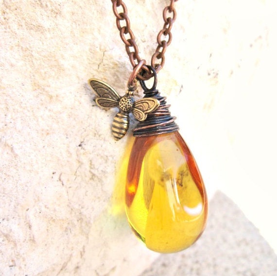 Honey Bee Necklace. Wire Wrapped Briolette Charm Necklace.
