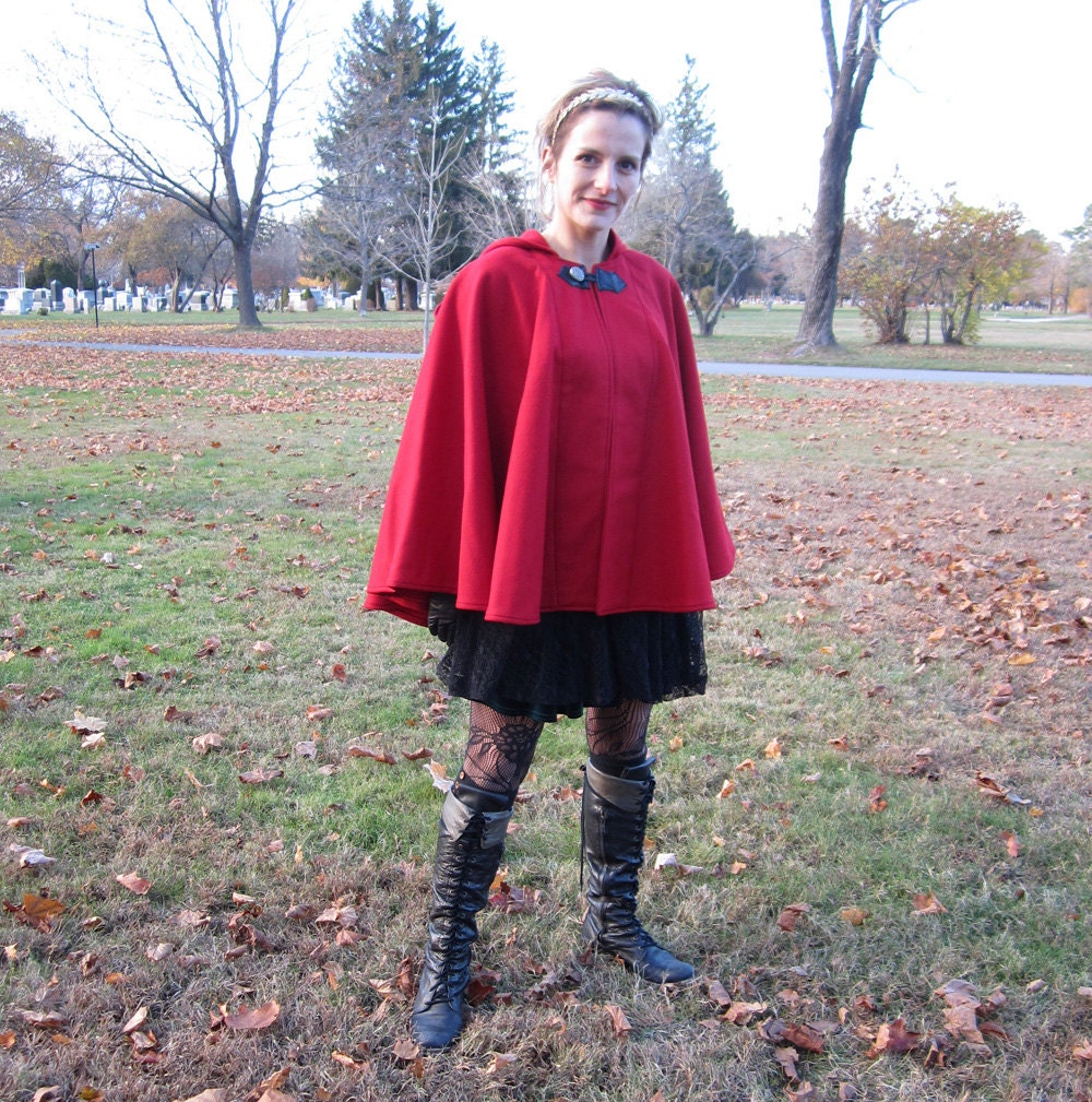 Red Cape Wool Cape Mid-Length Cape Cape With Hood