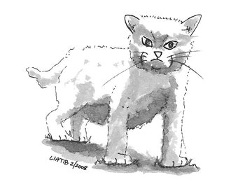 Shouting kitten sketch black and white illustration print on