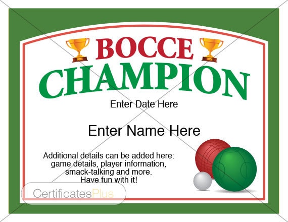 Bocce Certificate Bocce Champion Award bocce award template