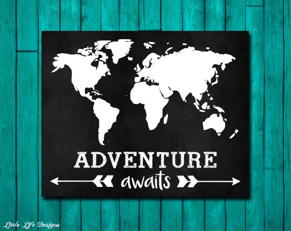 Adventure Awaits Map Sign. Travel the World. Travel Sign.