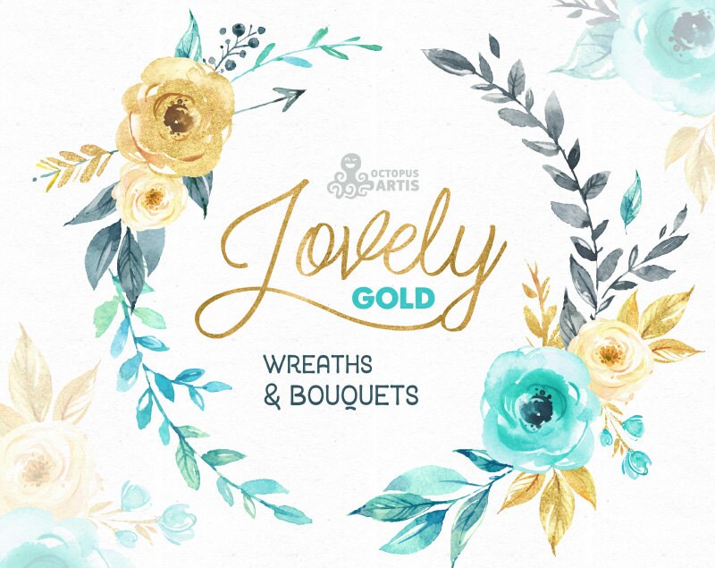 Lovely Flowers Gold. Wreaths and Bouquets. Watercolor Clipart