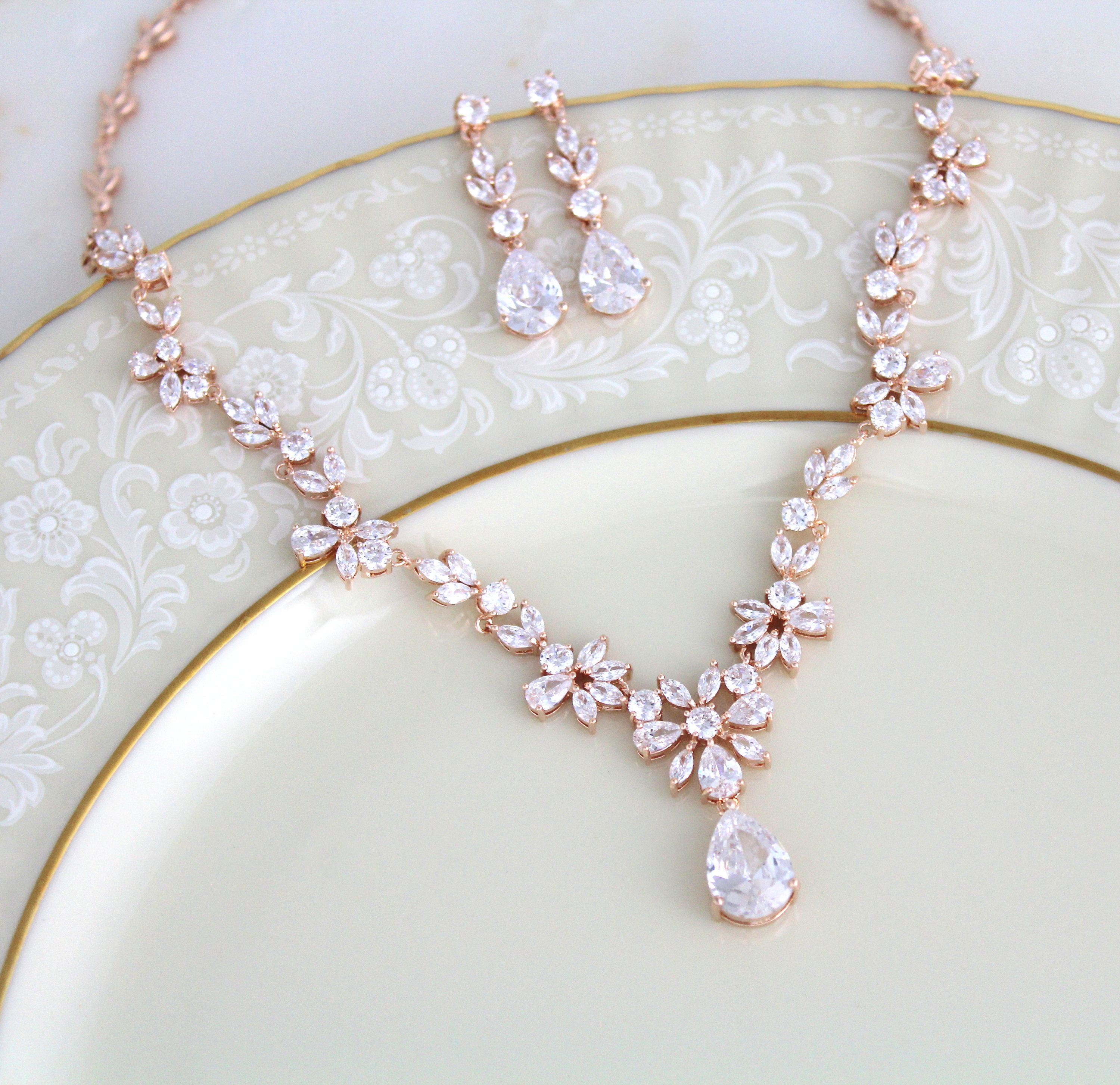 Rose Gold Necklace Rose Gold Bridal Jewelry Set Wedding