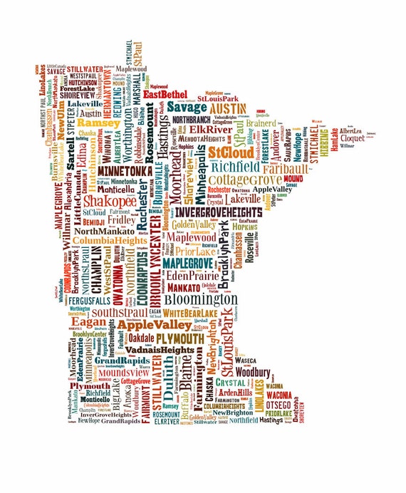 Minnesota State Map Color Typography Map Poster Print Text Map