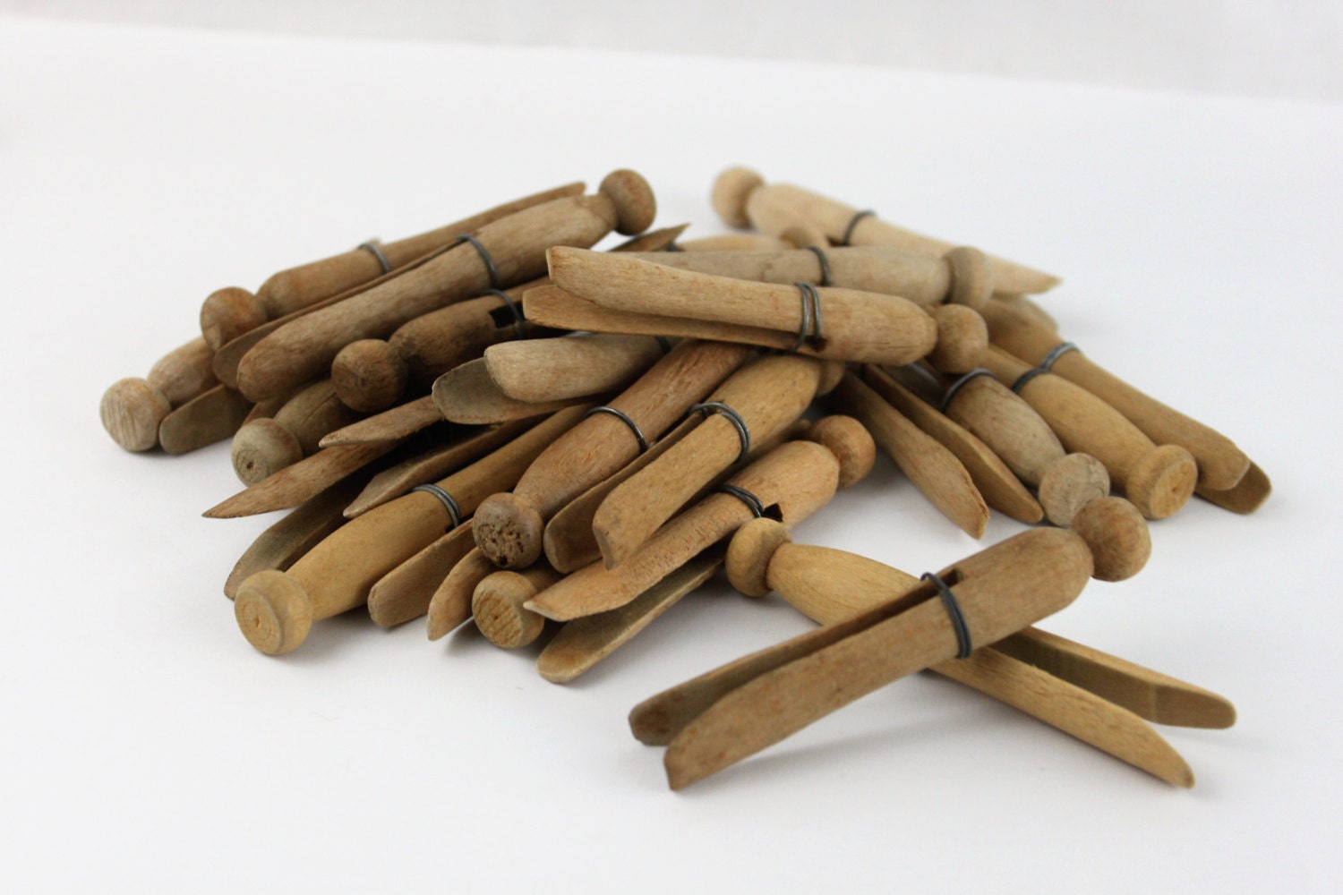 25 Vintage Wood Clothespins with Wire Bail