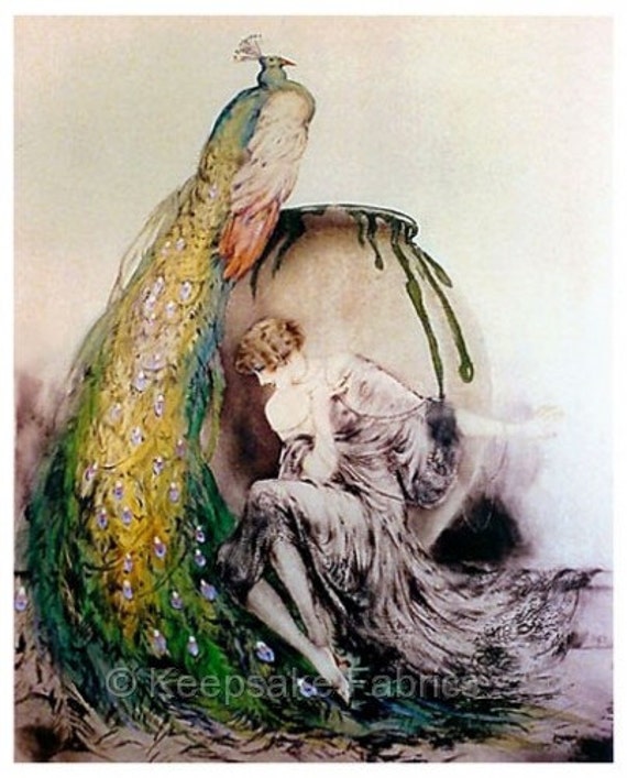 Beautiful Peacock Lady In Lace Icart Reproduction Fabric Crazy