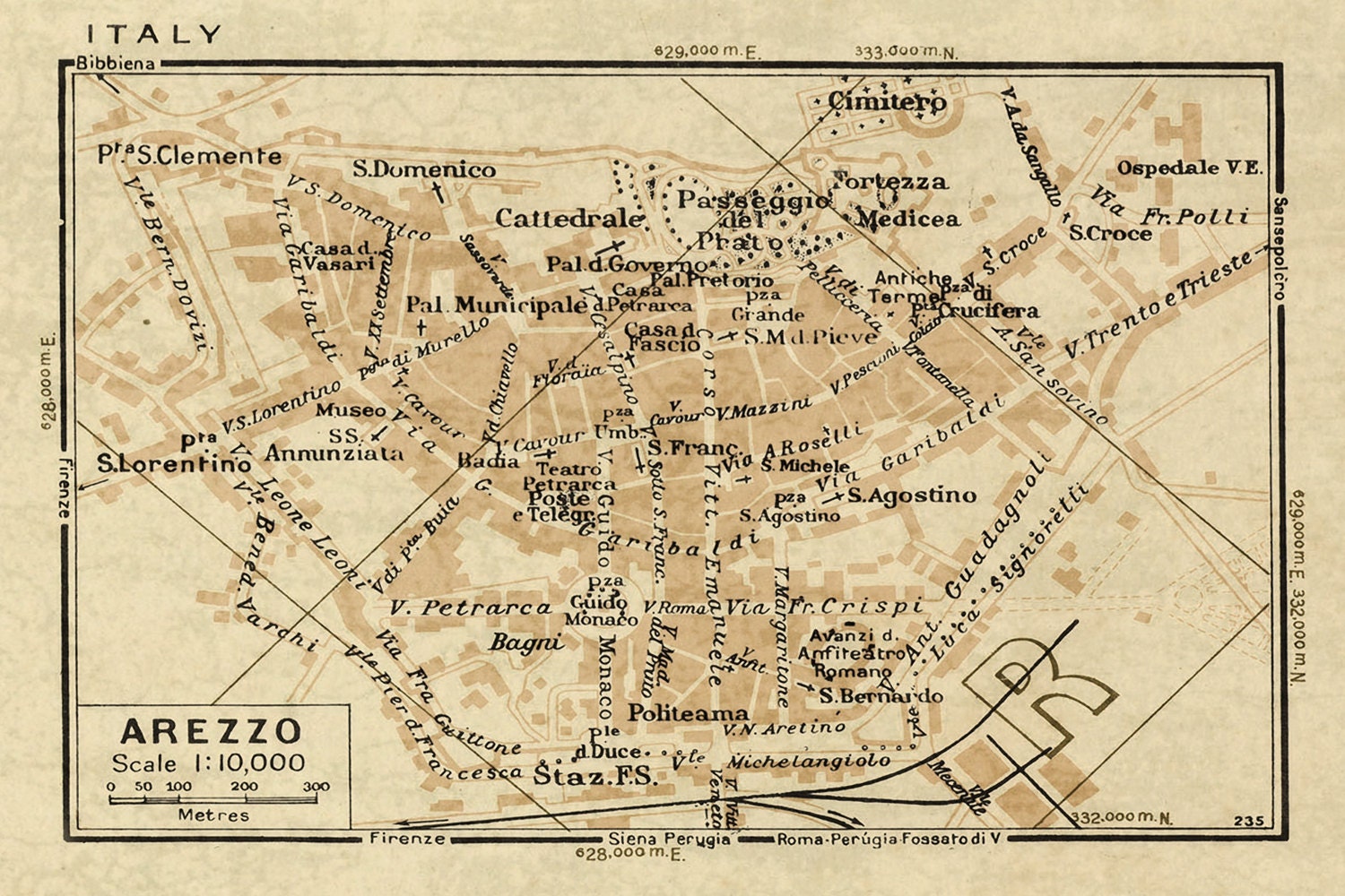 Old map of Arezzo Italy 1935 Arezzo map up to 24x36 Old world style ...