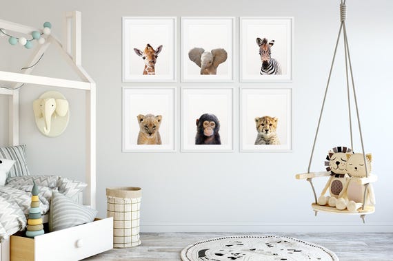 Safari Nursery Decor Baby Animals Set 6 Lion Zebra Elephant