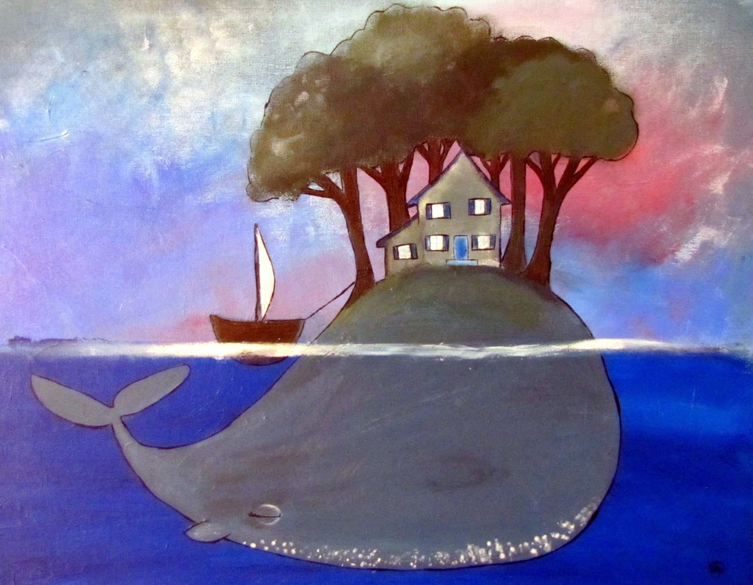 Surreal Whale Painting Whimsical Kids Art Print Wall Nursery