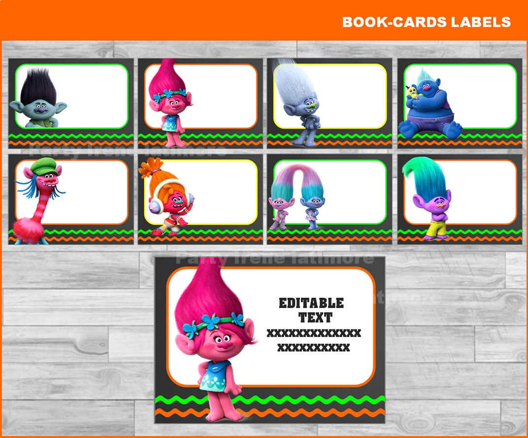 Trolls Printable Cards tags book labels stickers kids