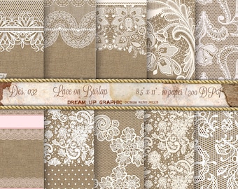 Burlap Lace Wedding digital paper: BURLAP LACE 2