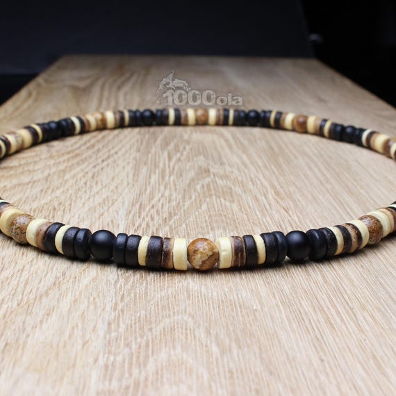 Collier style surfeur/surf homme/men's perles Ø 8mm Pierre