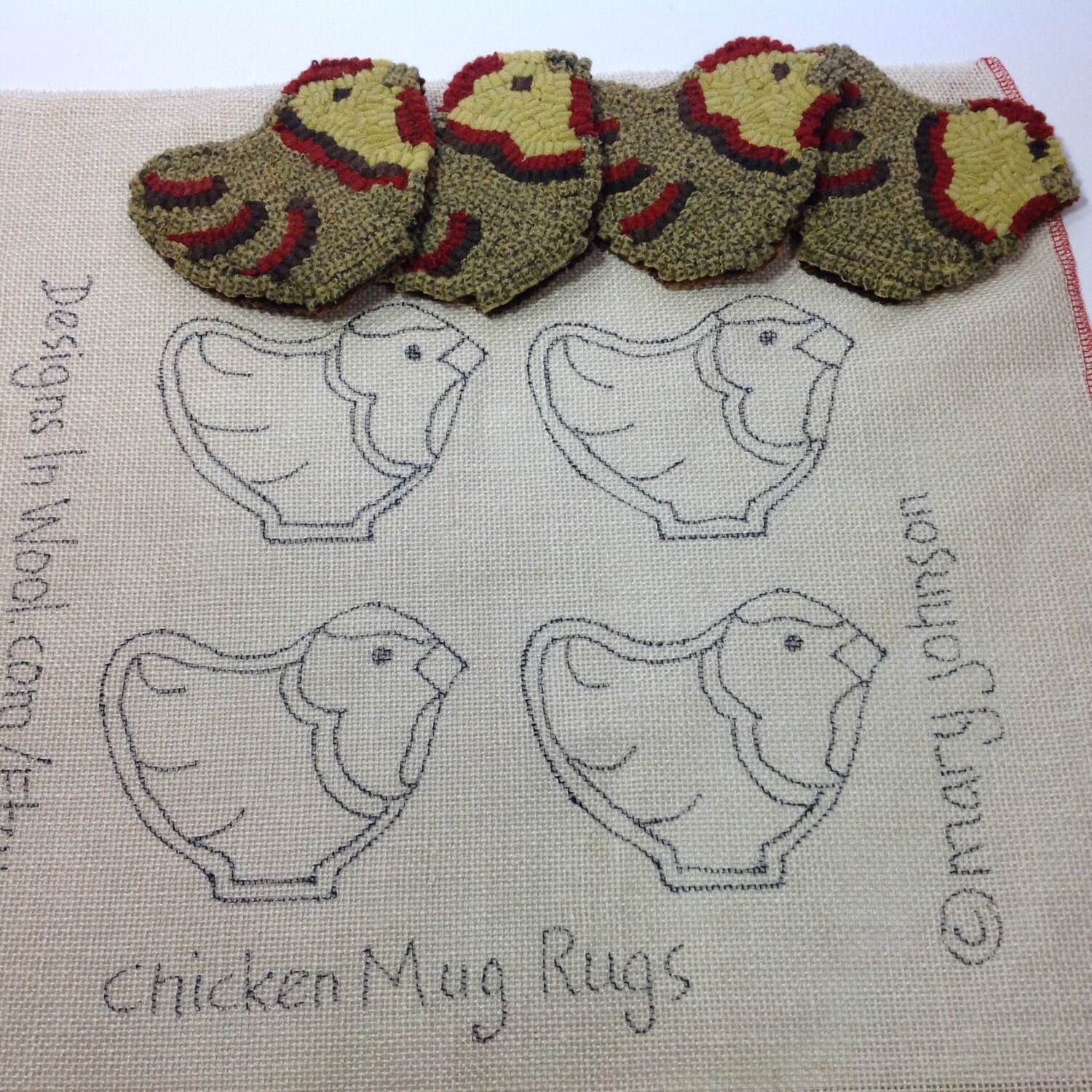 Rug Hooking PATTERN, Chicken Mug Rugs, P104, Primitive Hooked Chicken ...