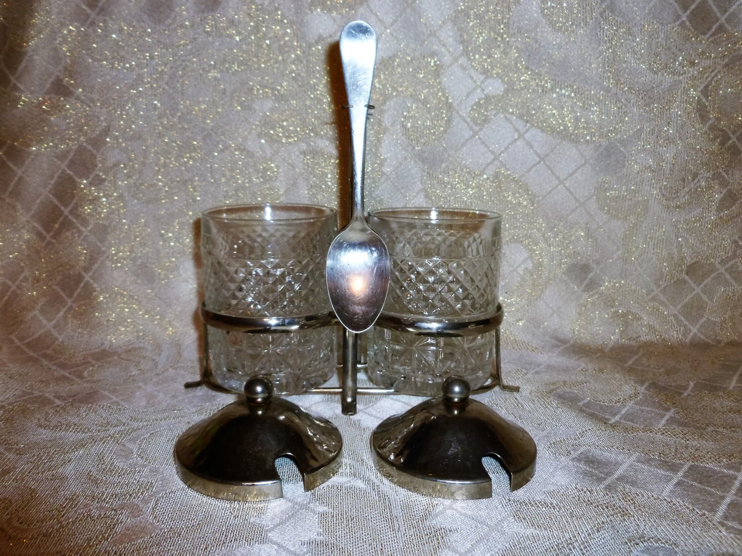 Condiment Jars With Silver Plate Lids Spoons And Caddy