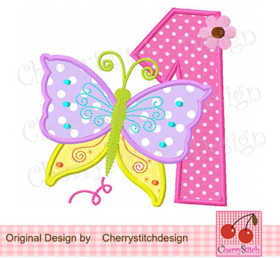 Butterfly number 1Birthday Machine Embroidery Applique 4x4