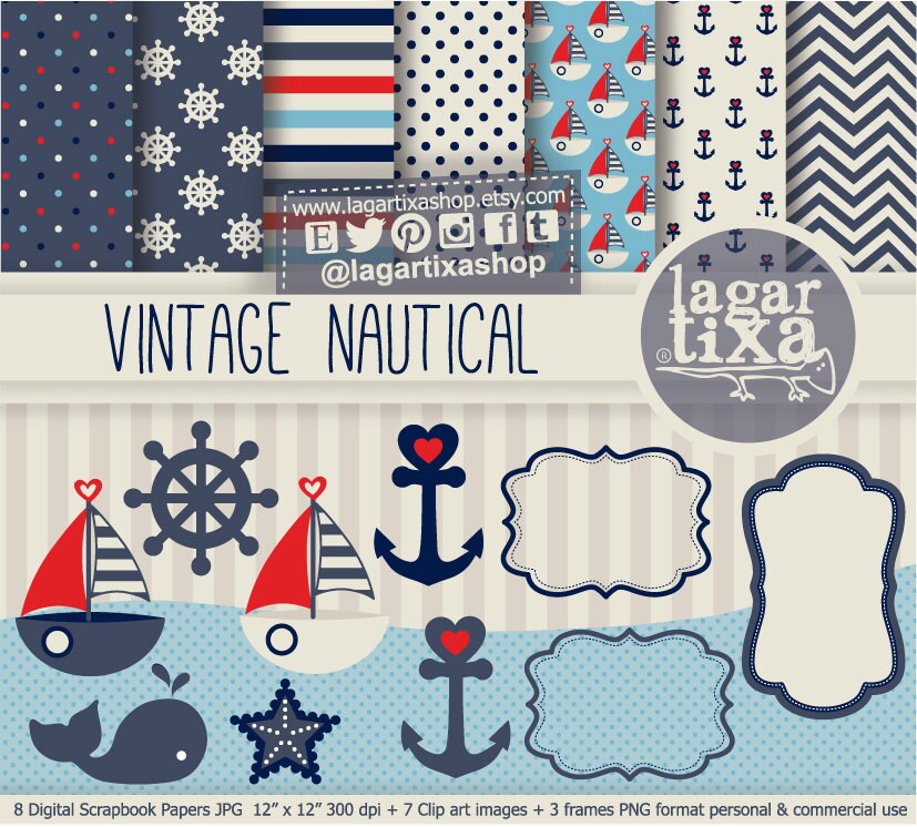 Vintage Nautical Patterns Digital Paper Anchor Marine navy