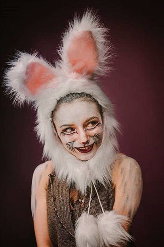 White Rabbit Costume Bunny Hood Faux Fur Ears Fluffy Animal