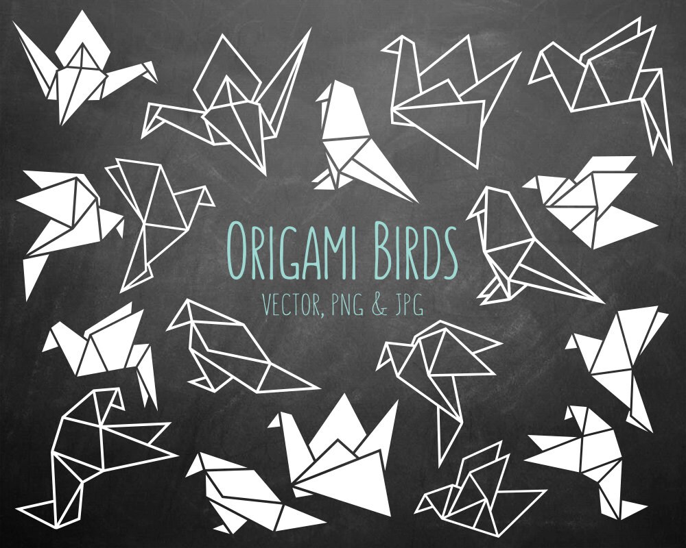 Geometric Origami Birds Clipart 18 Black & White PNG JPG
