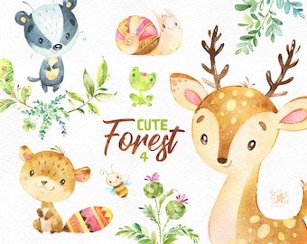 Little Fox. Cute animal clipart watercolor woodland forest