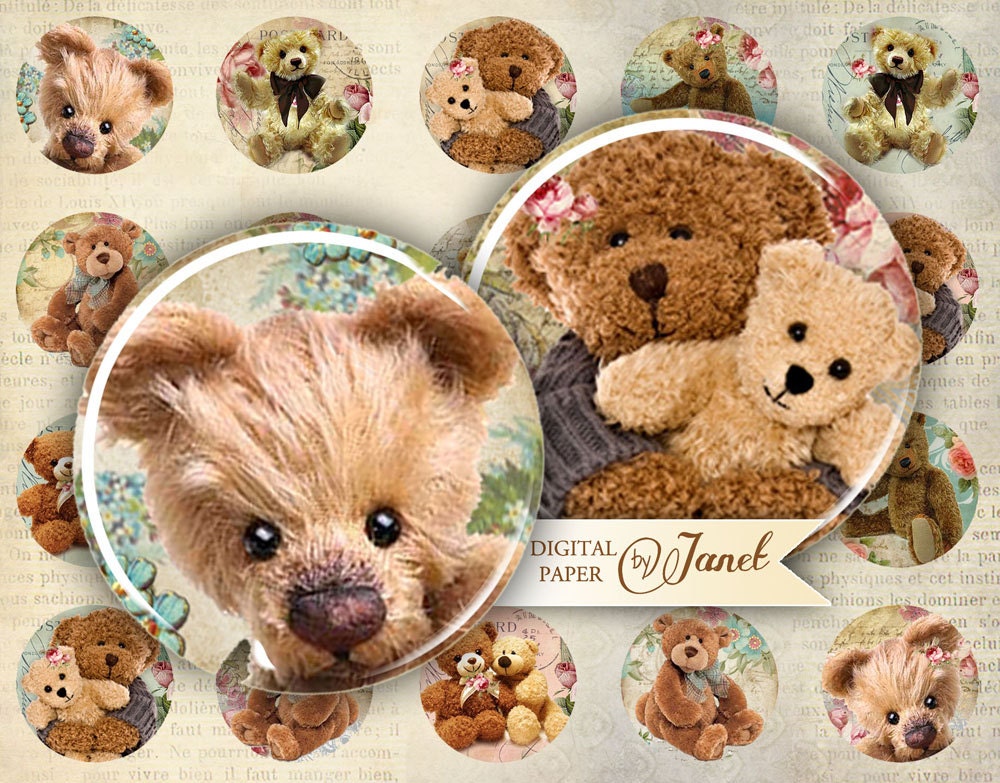 Teddy Bears circles image digital collage sheet 1 x 1