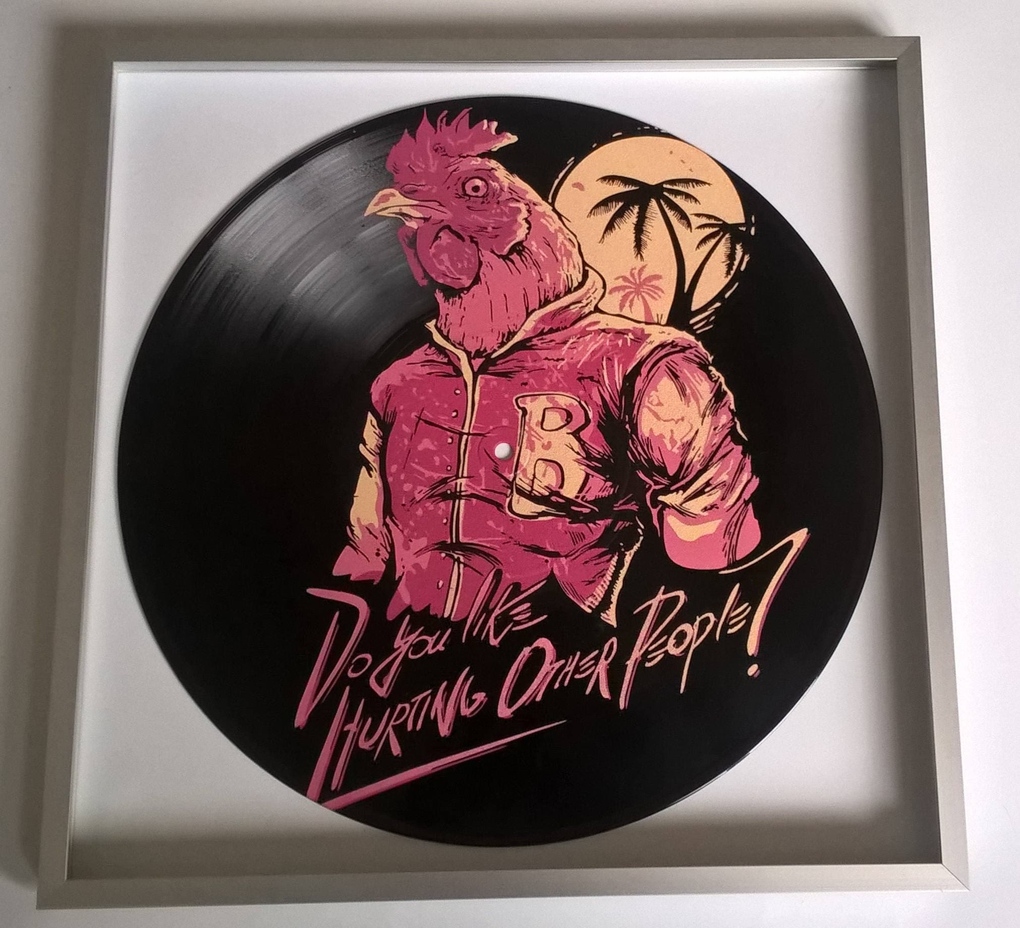 Hotline Miami painted on Vinyl Record Framed and ready to