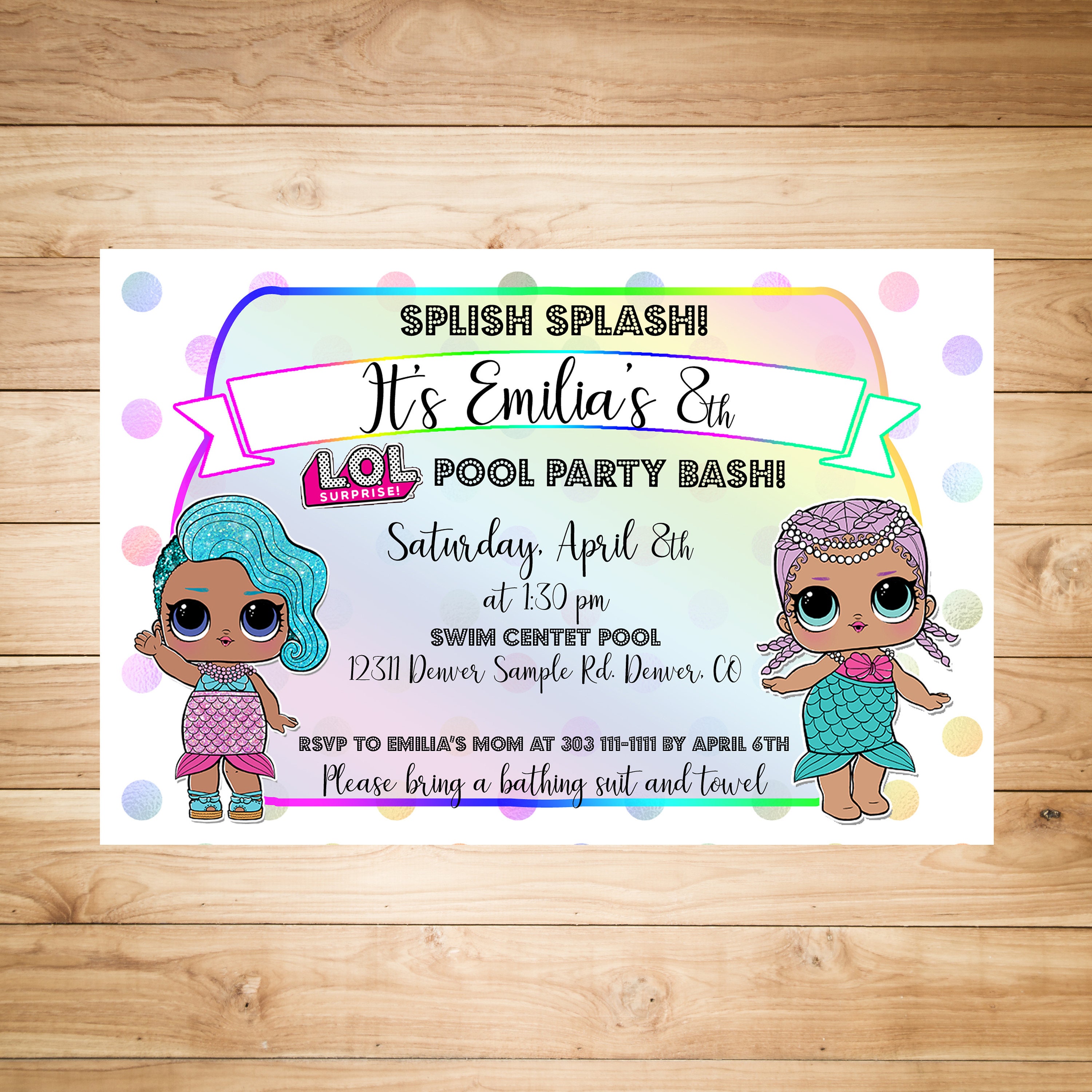 LOL Surprise Dolls Rainbow Birthday Party Invitation Merbaby