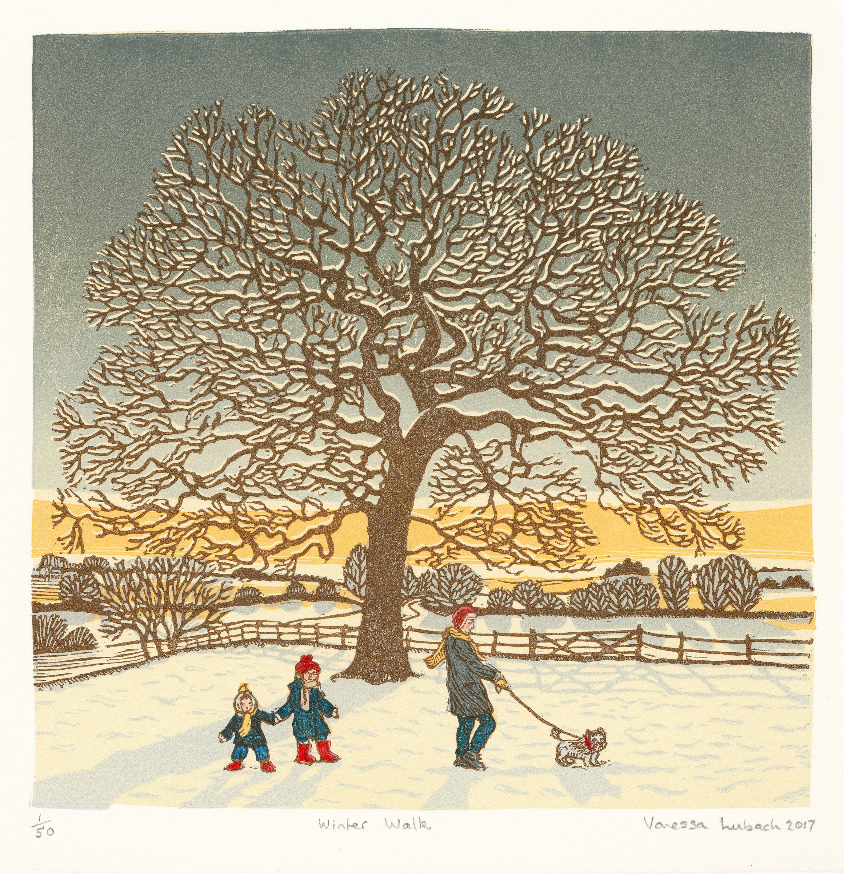 Winter Walk Linocut.