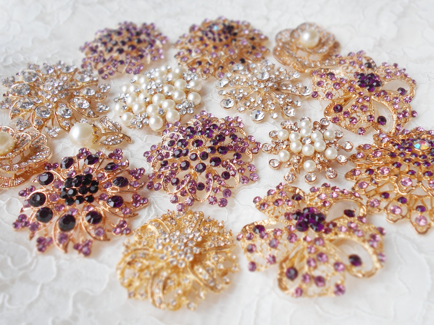 DIY Brooch Bouquet Kit 15 Brooches Broach Gold Purple