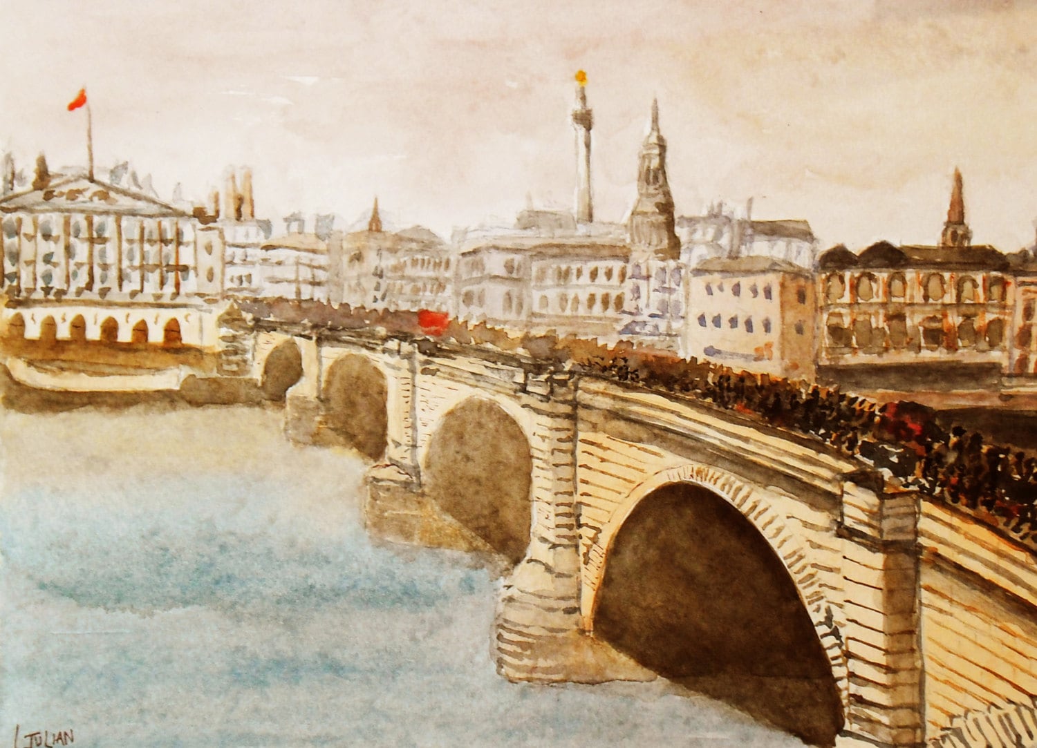 Old London Bridge from an old photo. An original Watercolour