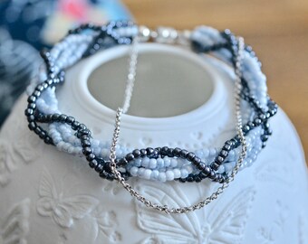 Blue trim bracelet Sky blue ribbon bracelet with gold and