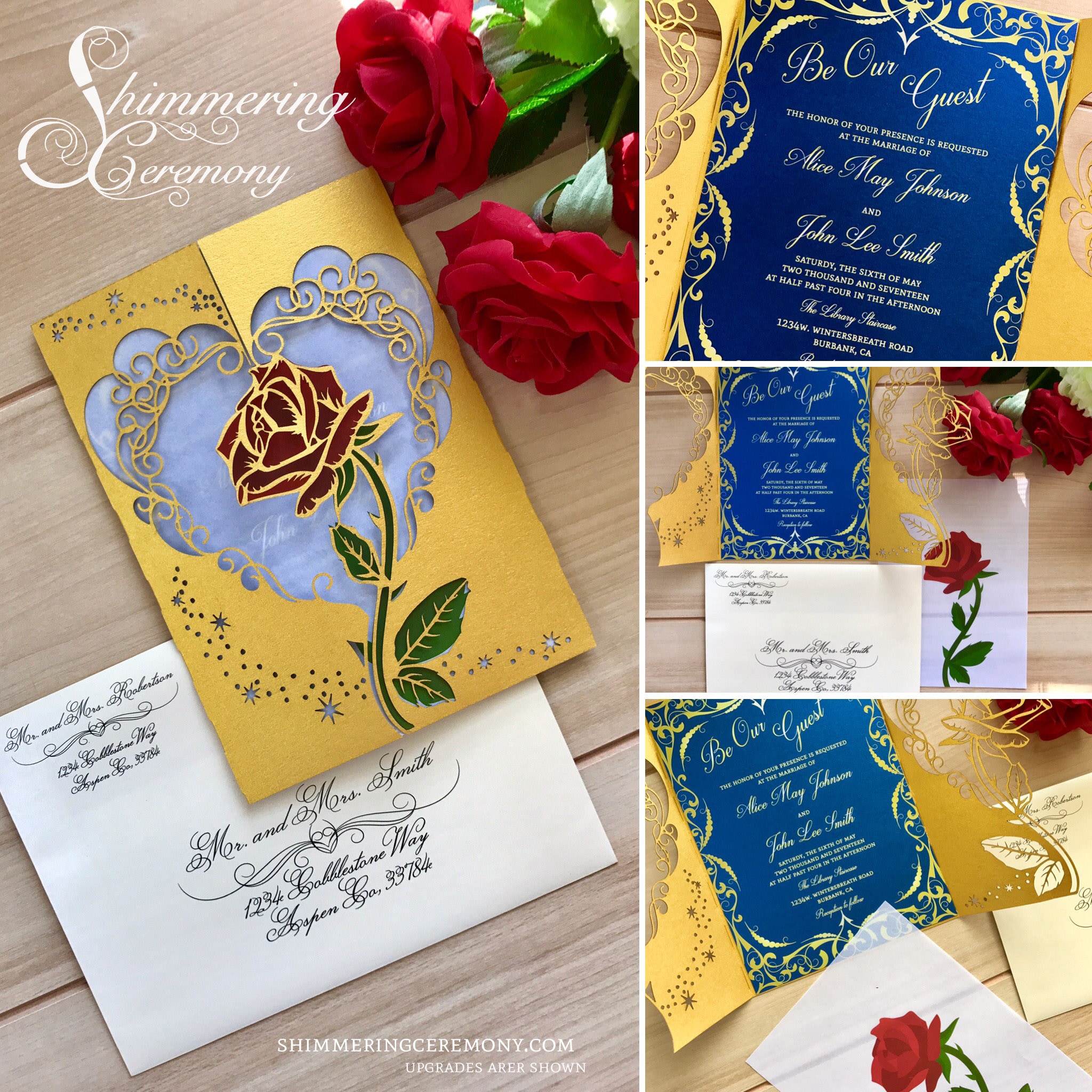 Beauty and the beast inspired wedding invitation laser rose